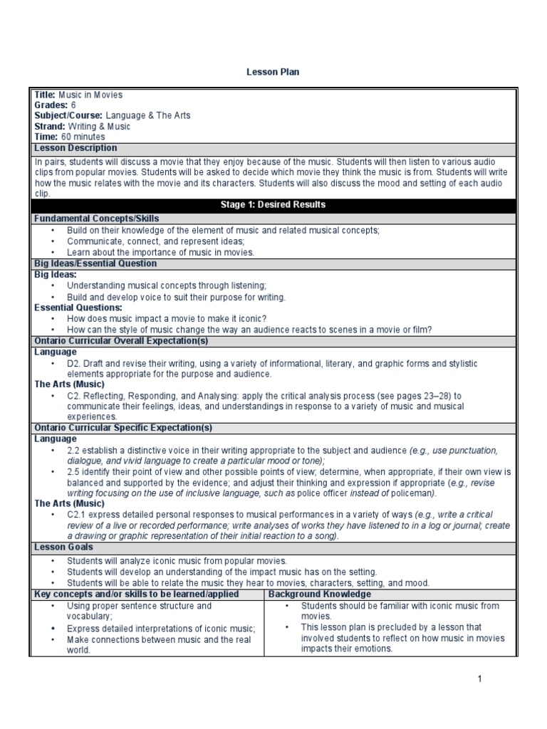 Music in Movies Lesson Plan | PDF | Lesson Plan | Thought