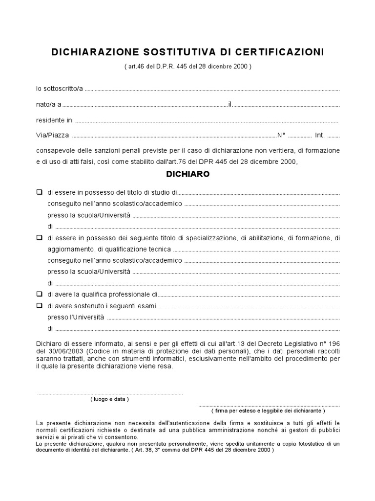 Autocertificazione Titolo Di Studio | PDF