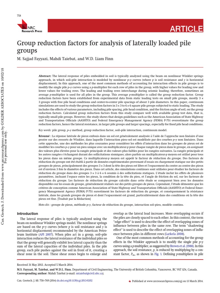 Group Reduction Factors For Analysis of Laterally Loaded Pile Groups ...
