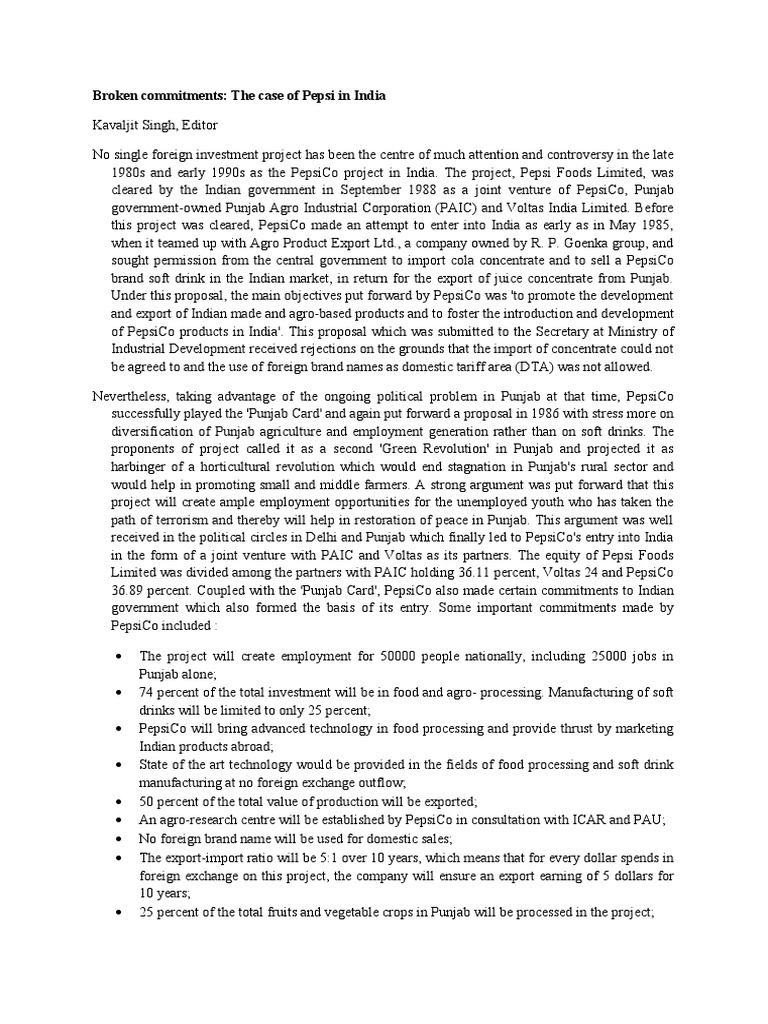 Broken Commitments: The Case of Pepsi in India | PDF | Pepsi Co ...
