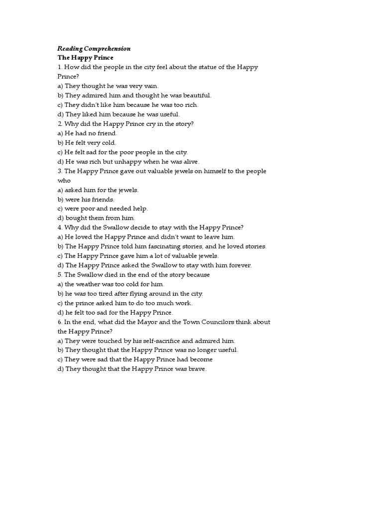 Happy Prince Reading Comprehension | PDF | The Happy Prince And Other Tales