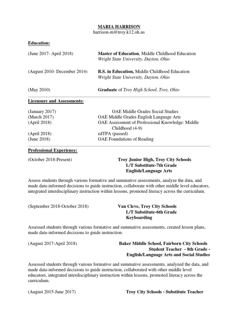 2019harrison Resume | PDF | Middle Schools | Teachers