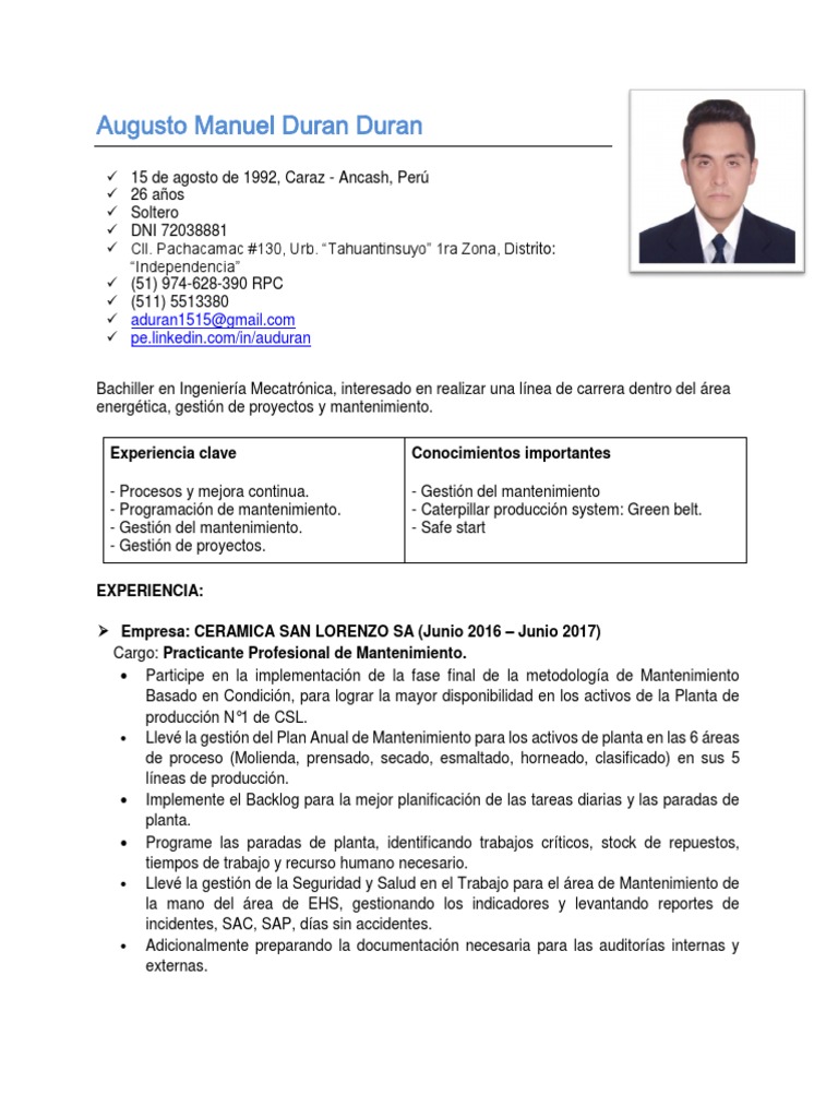 CV Duran Duran Augusto | PDF | Control numerico | Ingeniería