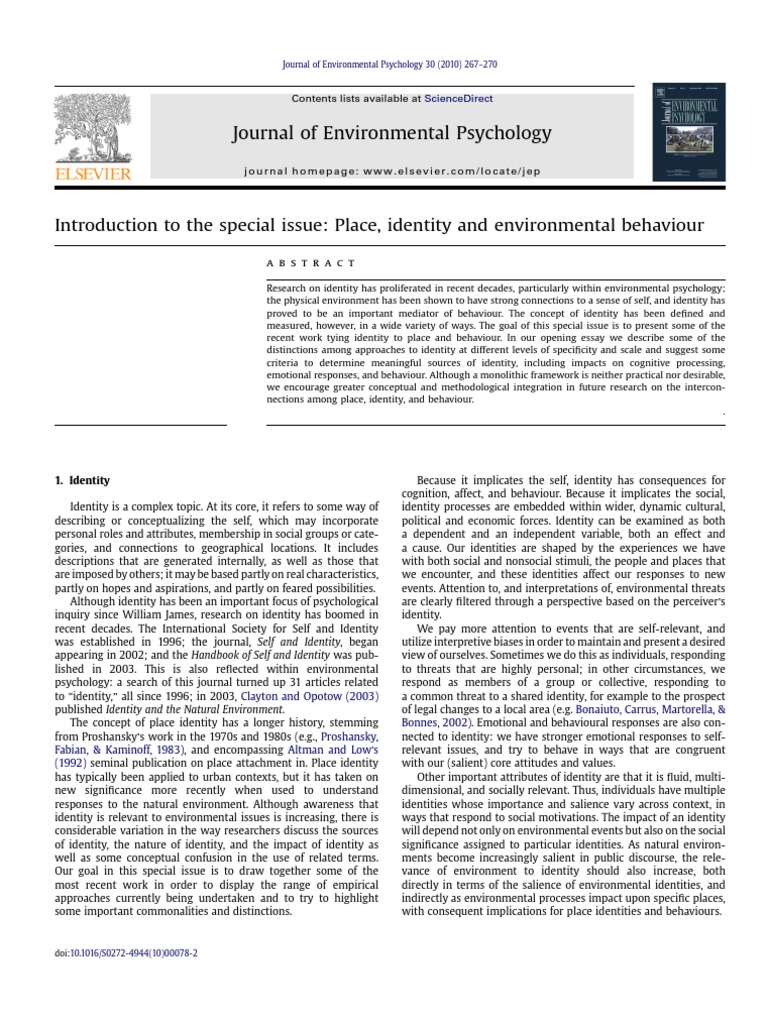 Place, Identity and Environmental Behavior | PDF | Identity (Social ...