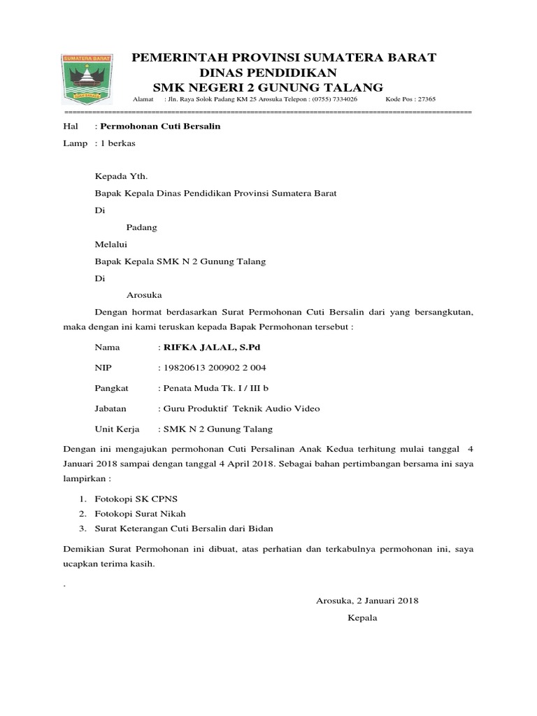 Permohonan Cuti Bersalin Guru SMK | PDF
