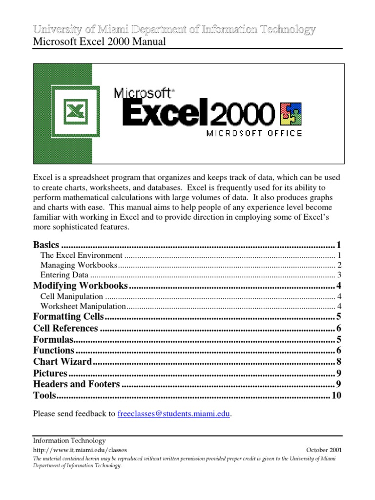 Microsoft Excel 2000 Manual: Freeclasses@students - Miami.edu | PDF ...