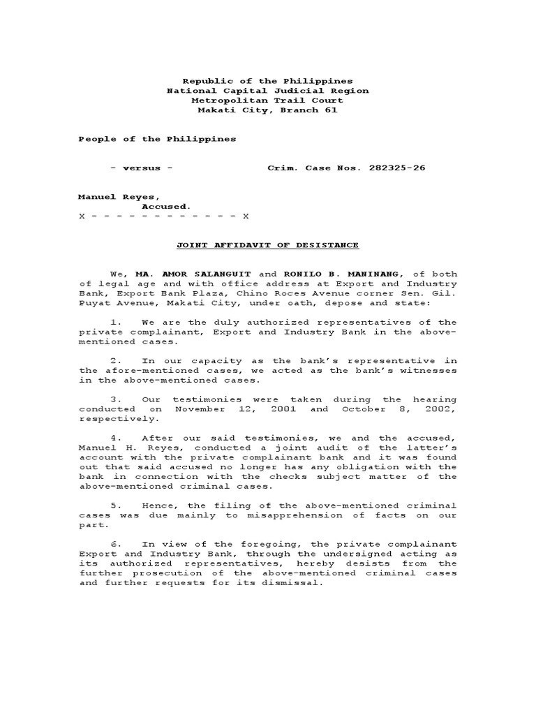 Affidavit of Desistance (Weng Reyes) | PDF | Affidavit | Prosecutor