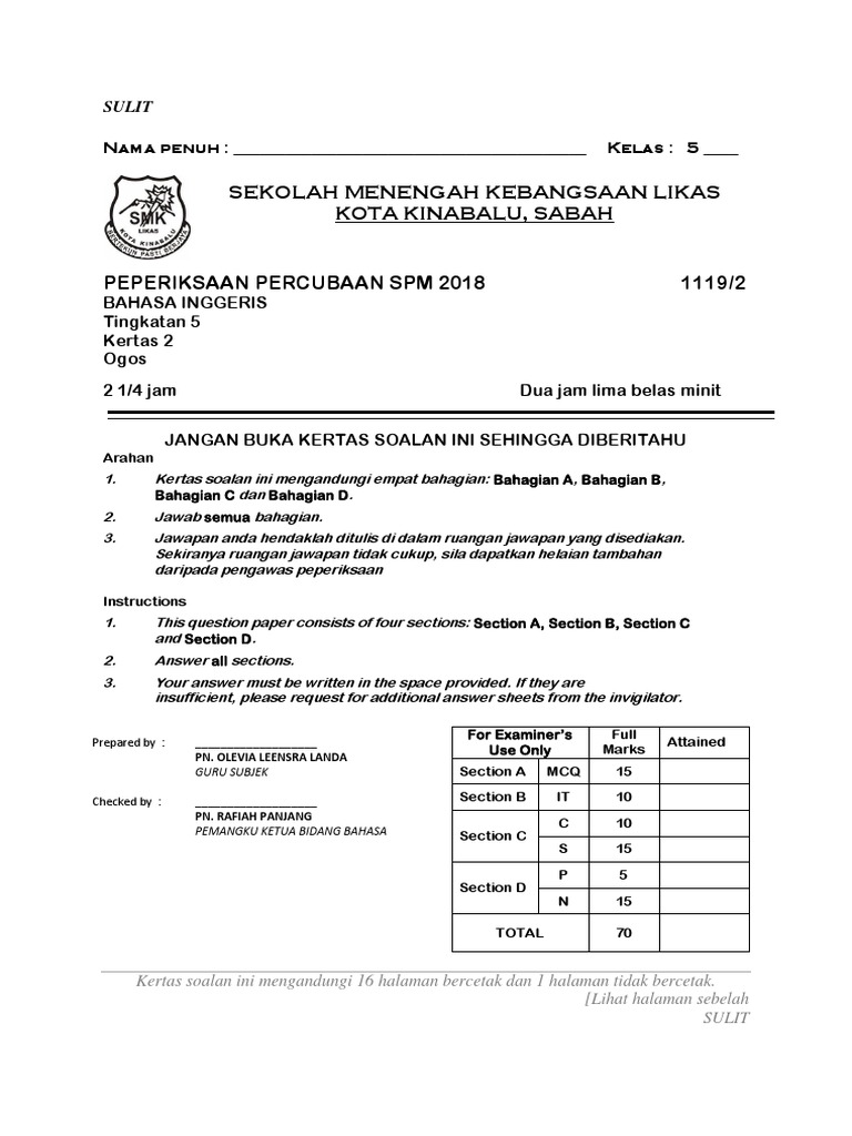 SPM Trial Paper 2 2018 | PDF | Shoe | Taste