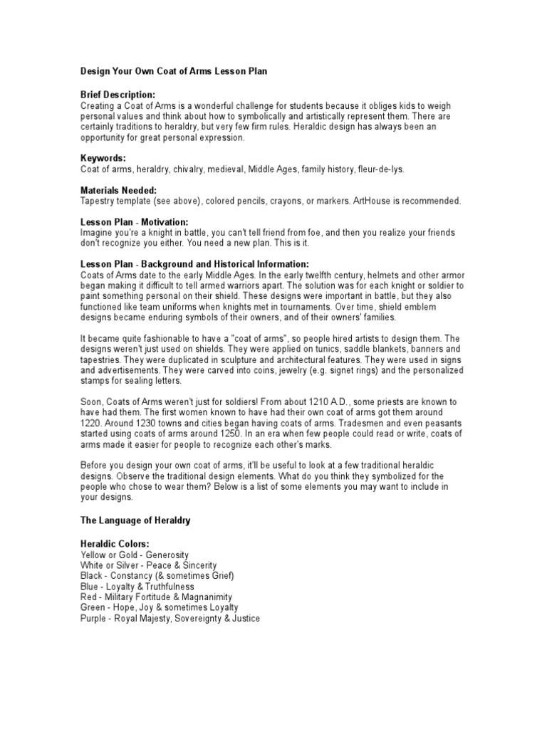 Design Your Own Coat Of Arms Lesson Plan Download Free Pdf Heraldry Symbols