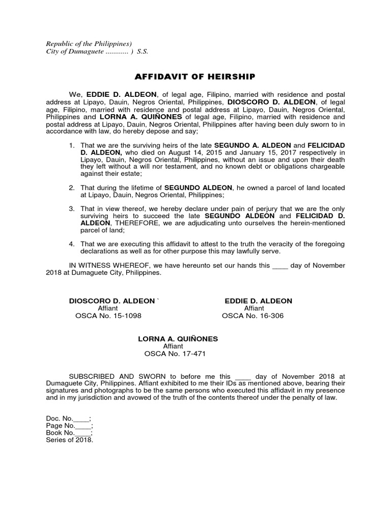 Catipay - Affidavit of Heirship | PDF | Affidavit | Evidence