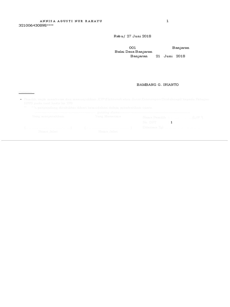 Model C6-KWK (Surat Pemberitahuan Pemungutan Suara Di TPS) | PDF