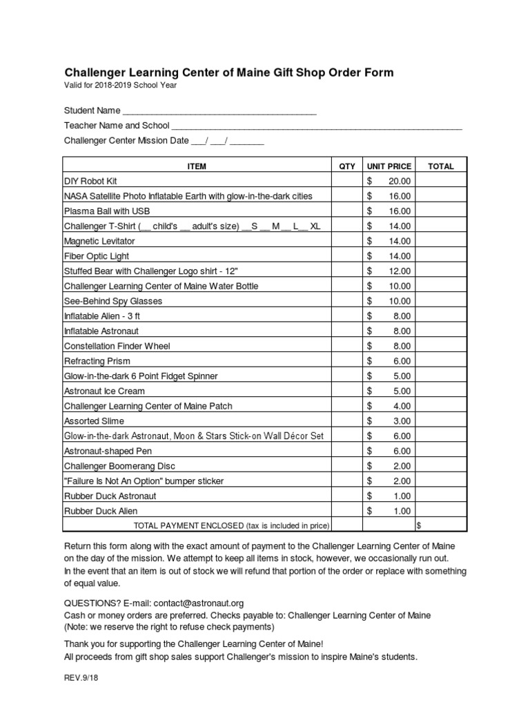 Spacefieldtripgift Shop Order Form 2018 2019 | Download Free PDF ...
