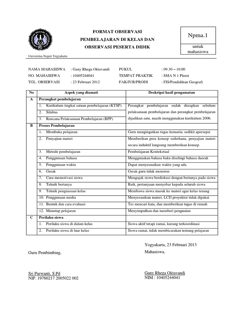 Format Observasi Pembelajaran Di Kelas Dan Observasi Peserta Didik | PDF