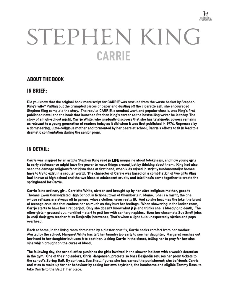 CARRIE Reading Guide PDF | PDF | Stephen King | Books