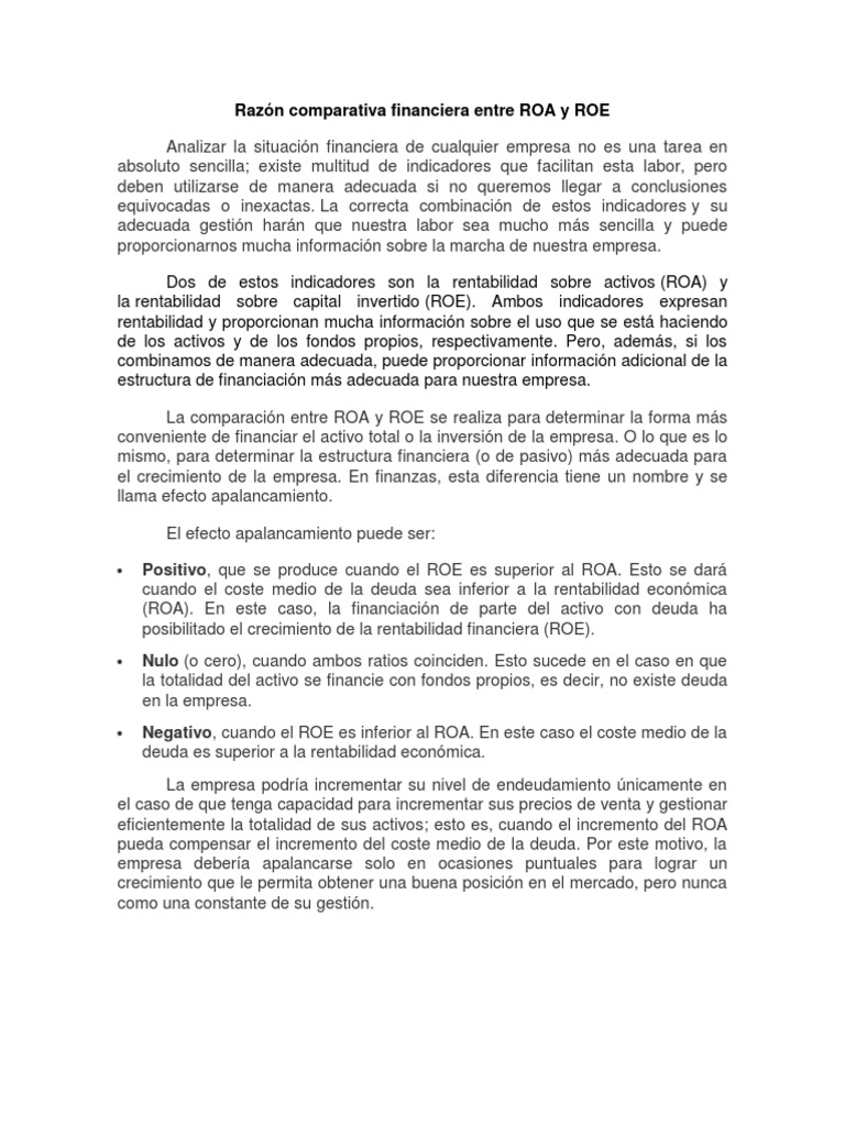 Razón Comparativa Financiera Entre ROA y ROE | Descargar gratis PDF ...