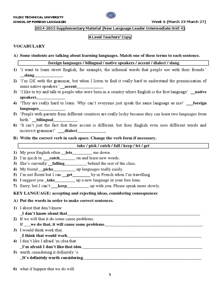 New Language Leader Intermediate Unit 4 - AnswerKey | PDF | Accent ...