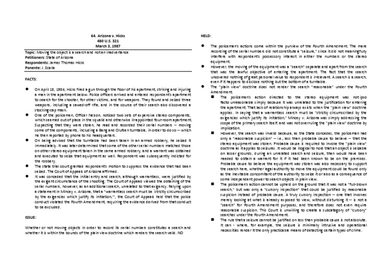 Arizona vs. Hicks | PDF | Search And Seizure | Fourth Amendment To The ...