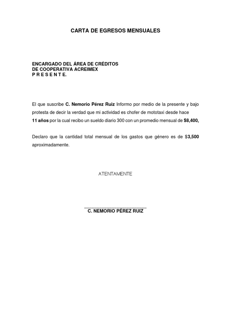 Carta de Egresos Mensuales | PDF
