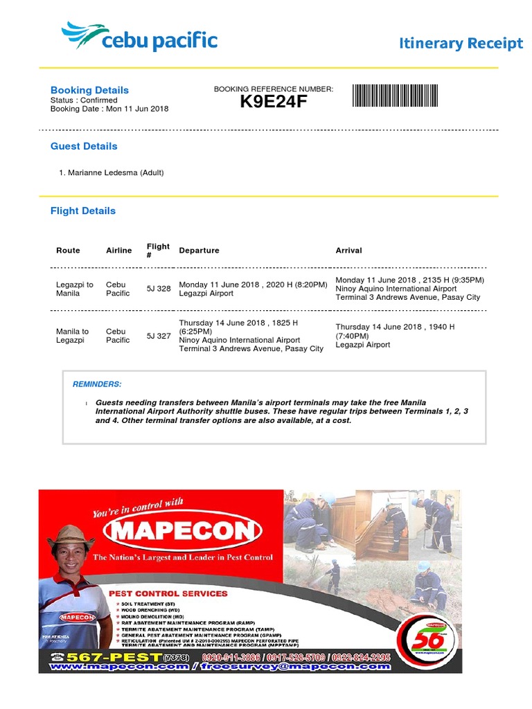 Booking Details: Route Airline Flight # Departure Arrival | PDF ...