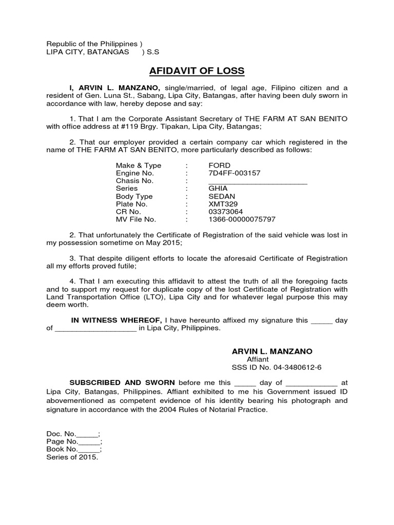 Affidavit of Loss: Requesting a Duplicate Certificate of Registration ...