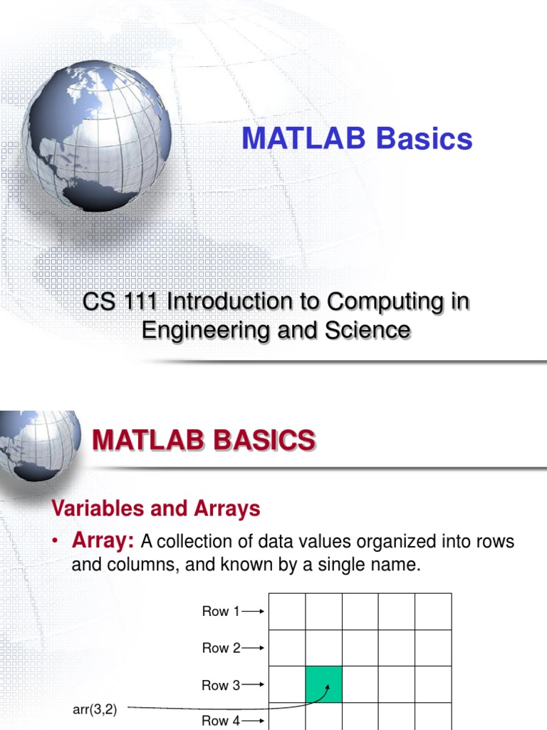 Matlab Basics Cs 111 Introduction To Computing In Engineering And Science Pdf Array Data