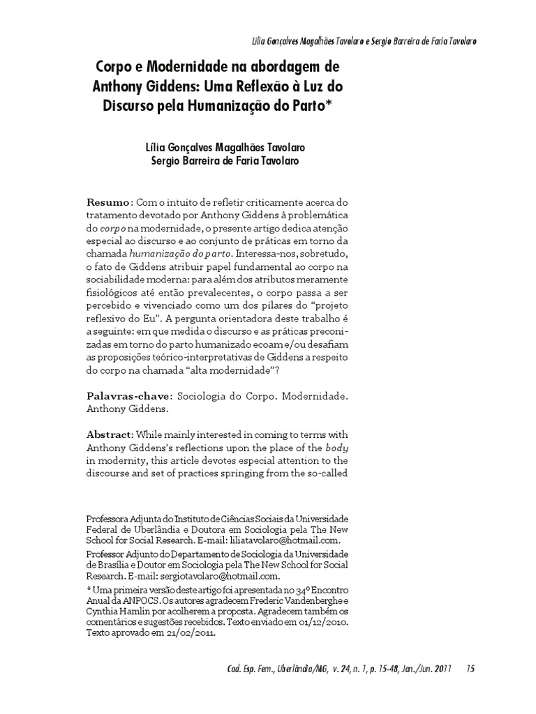 Corpo e Modernidade em Giddens Tavolaro | PDF | Sociologia | Émile Durkheim