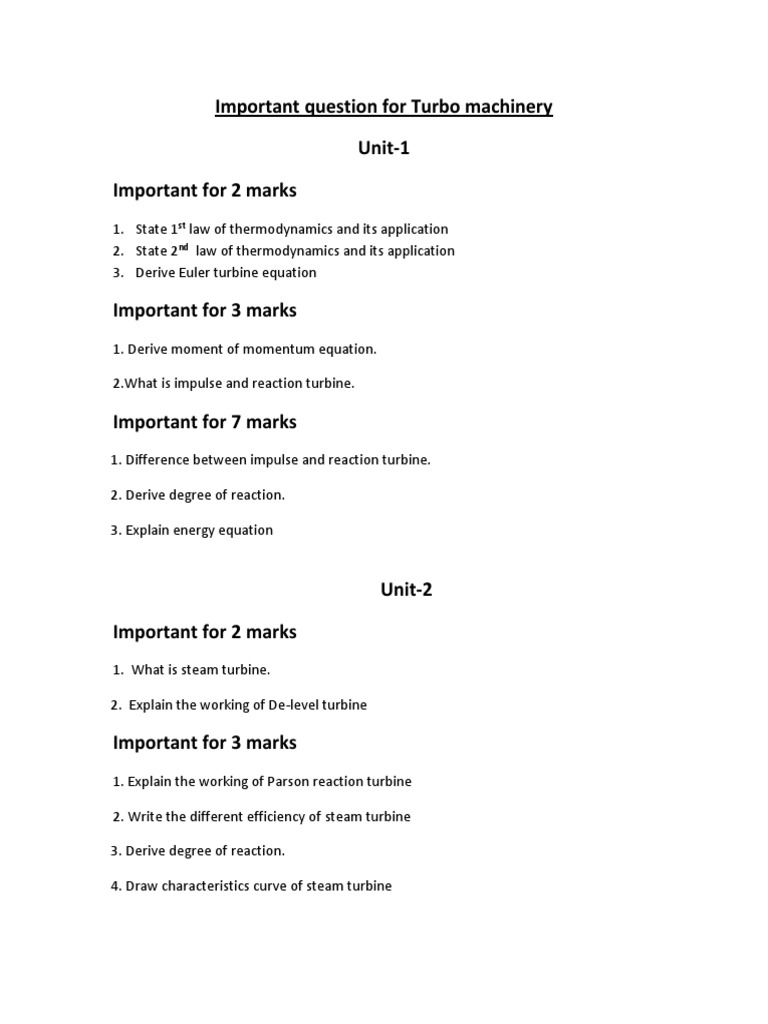 Important Question For Turbo Machinery | PDF | Turbine | Turbomachinery