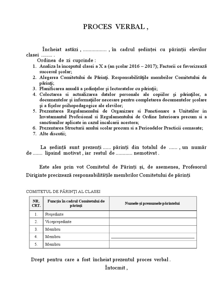 Proces Verbal La Sedintele Cu Parintii