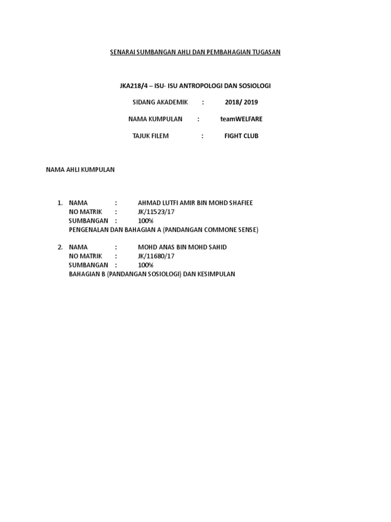 Senarai Sumbangan Ahli Dan Pembahagian Tugasan | PDF
