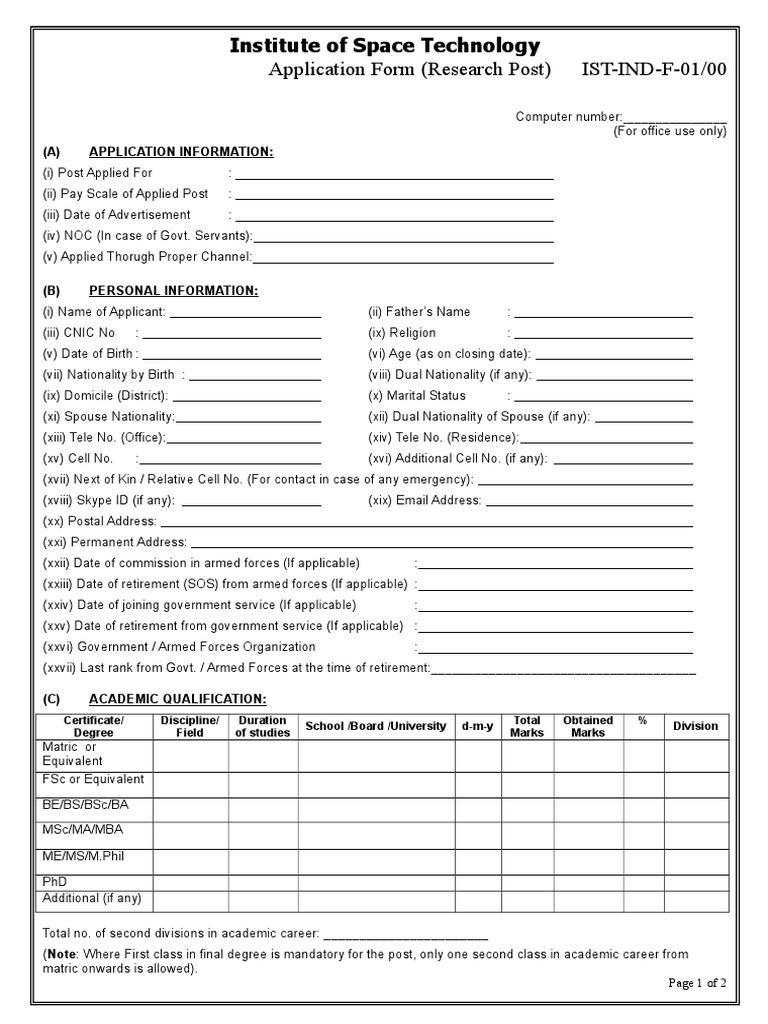 Institute of Space Technology: Application Form (Research Post) IST-IND ...