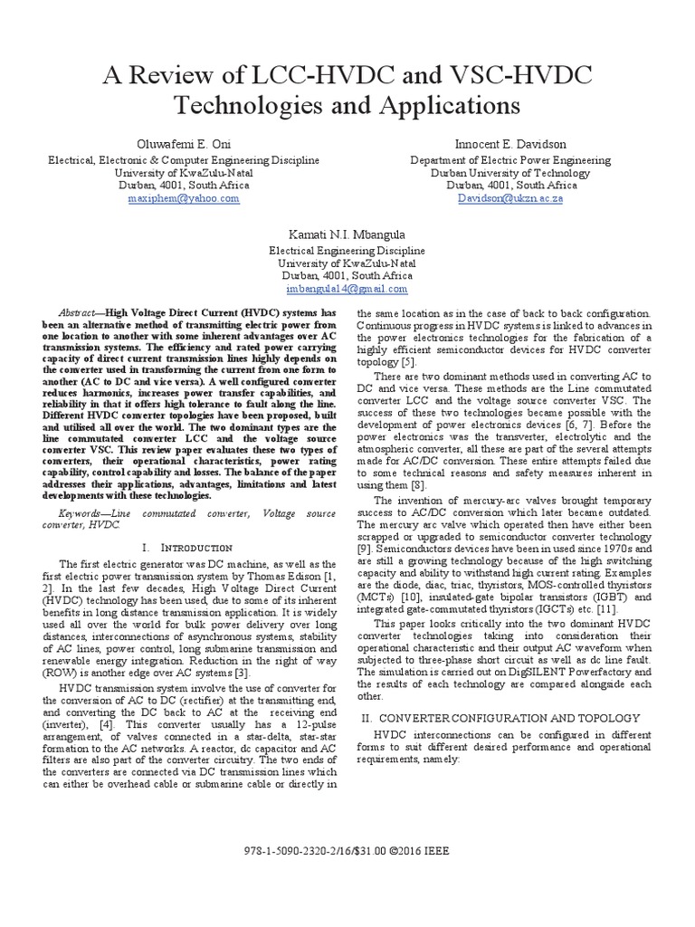 A Review of LCC-HVDC and VSC-HVDC Technologies and Applications - 2016 ...