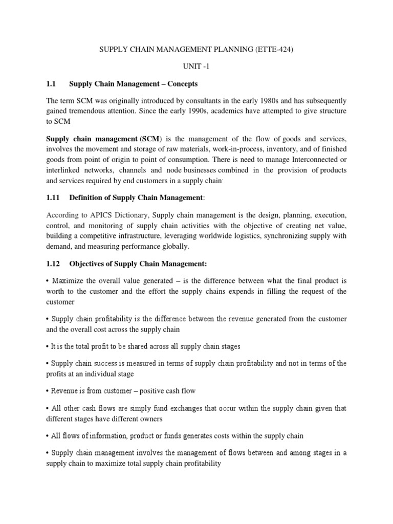 SCMP Notes Unit 1 To Unit 4 | PDF | Logistics | Supply Chain