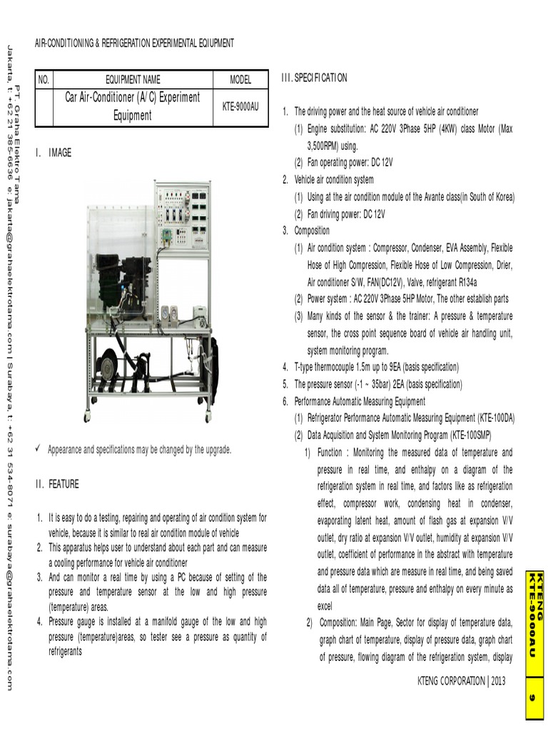 Car Air-Conditioner (A/C) Experiment Equipment: Iii. Specification ...