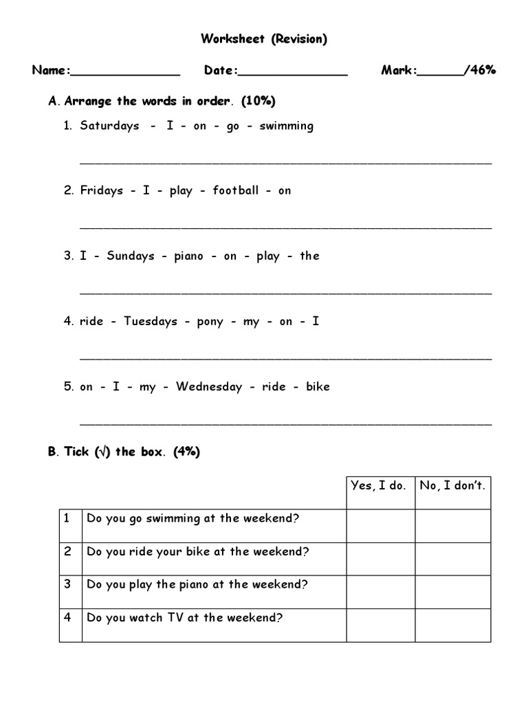 Worksheet (Revision) Name: - Date: - Mark: - /46% A. Arrange The Words ...