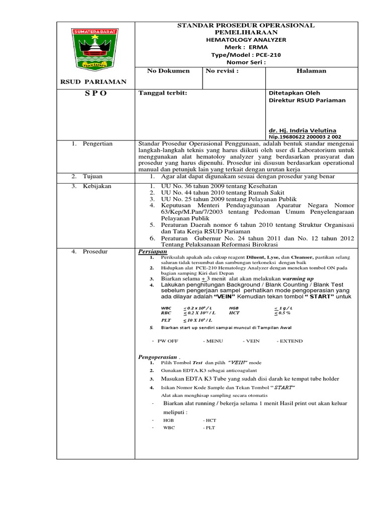 SOP Pengg. Alat Hematology Analyzer ERMA PCE-210 | PDF