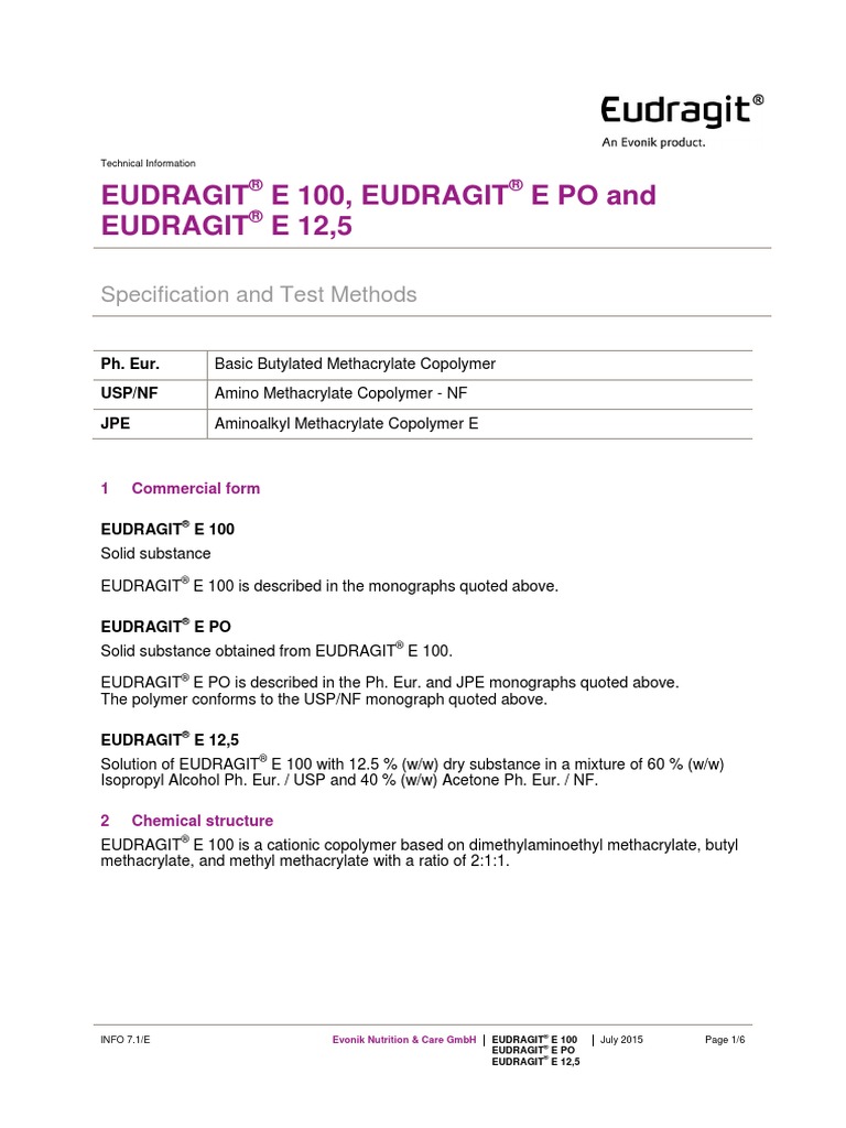 Ti Eudragit e 100 e Po e 12 5 en | PDF | Copolymer | Solubility