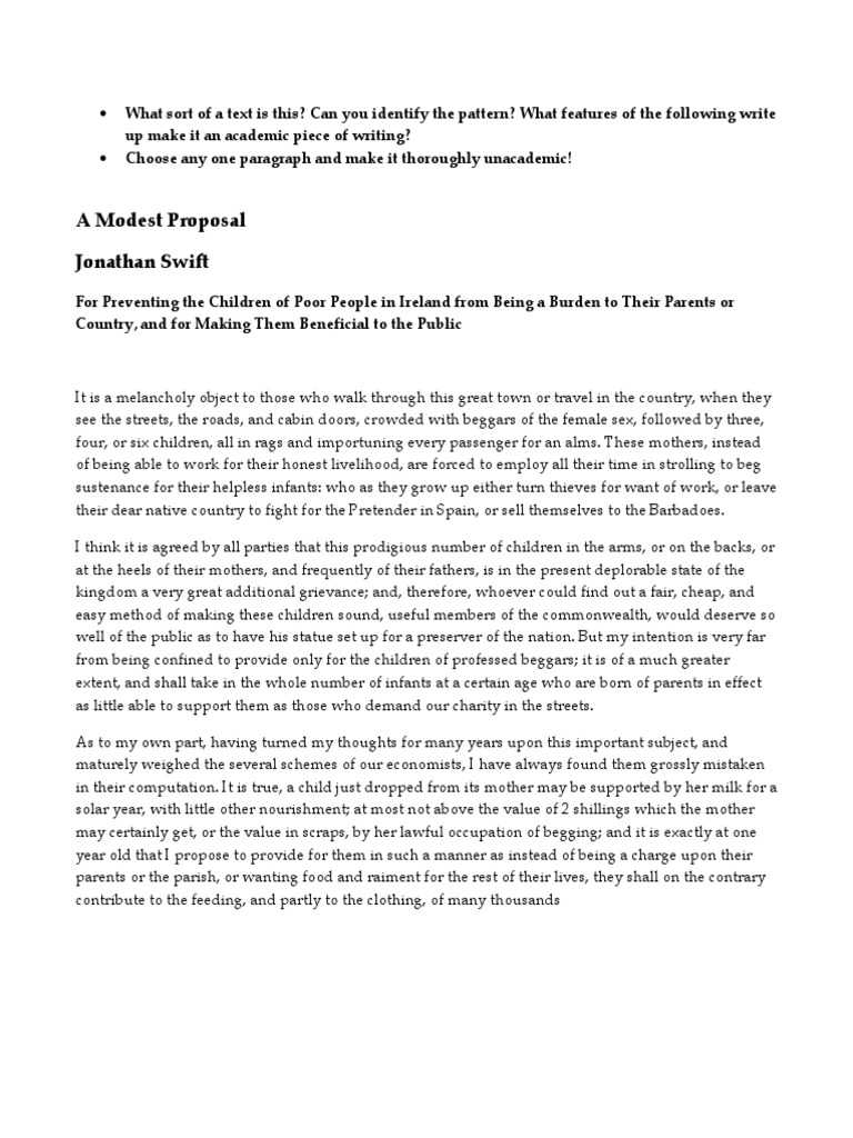 A Modest Proposal Jonathan Swift | PDF