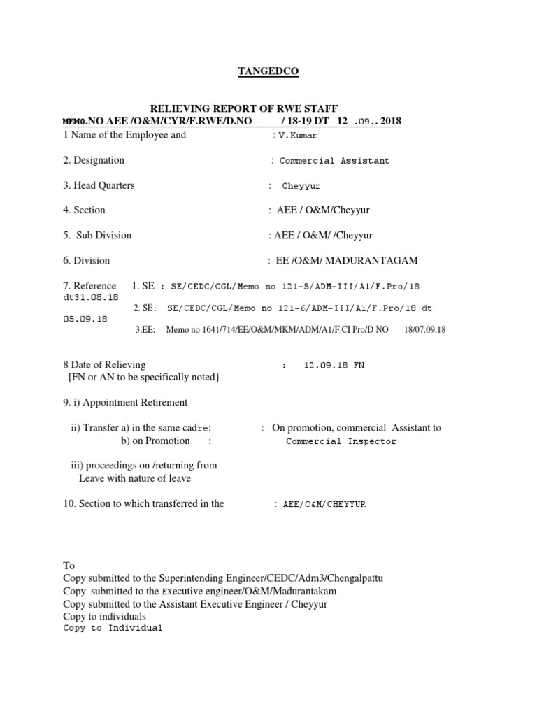 Releiving Order Balu | PDF