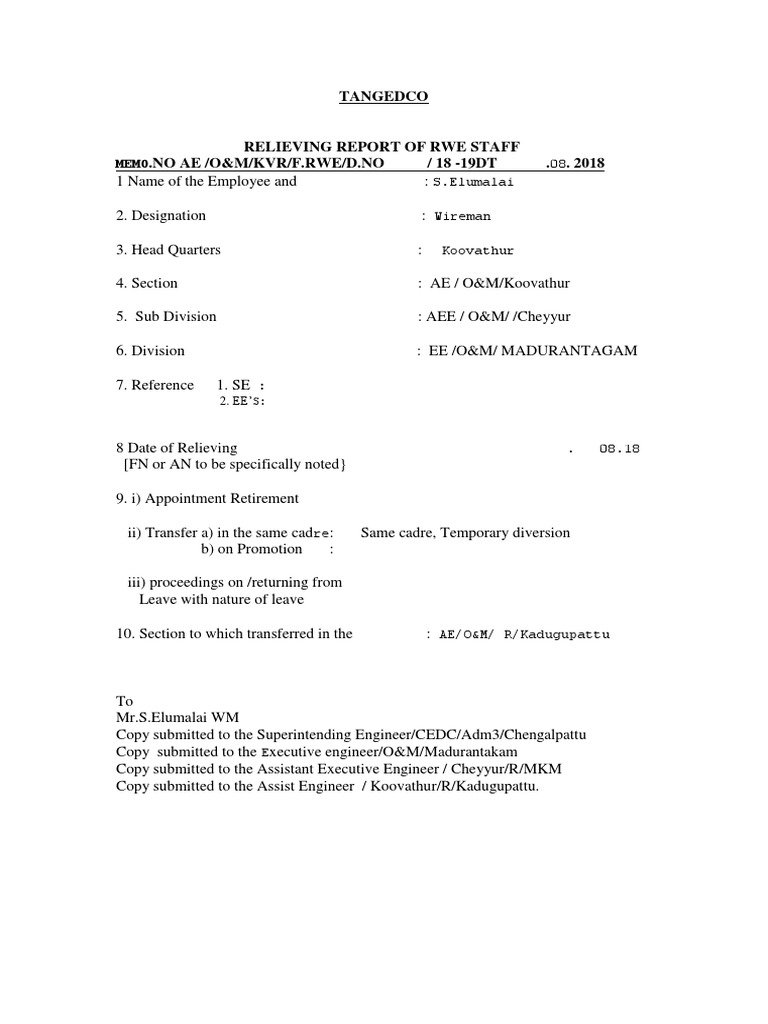 Relieving Order Elumalai | PDF