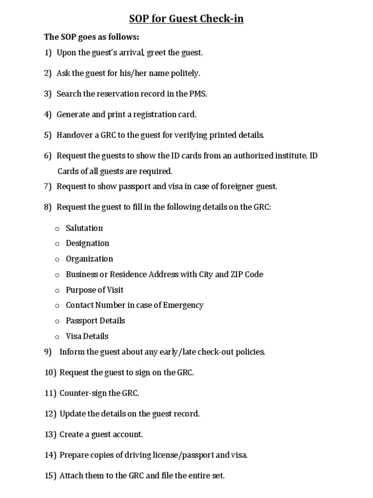 SOP For Guest Check-In Procedure For A Hotel/Resort | PDF