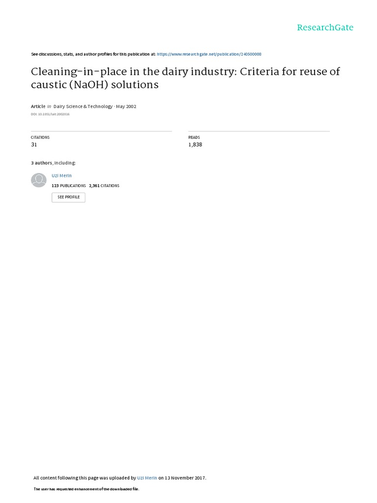 Cleaning-In-Place in The Dairy Industry | PDF | Membrane | Materials