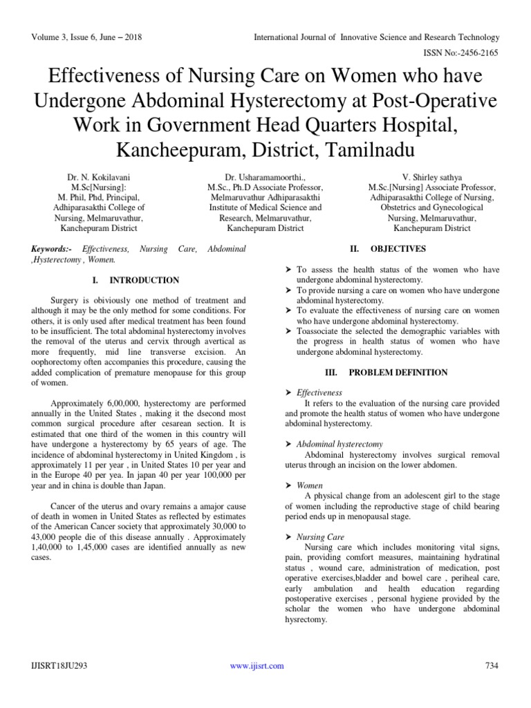 Effectiveness of Nursing Care On Women Who Have Undergone Abdominal ...