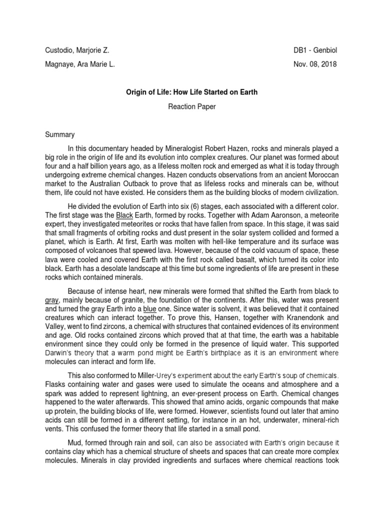 Genbiol - Origin of Life Reaction Paper | PDF | Earth | Life