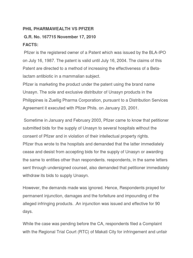 Phil Pharmawealth Vs Pfizer G.R. No. 167715 November 17, 2010 Facts ...