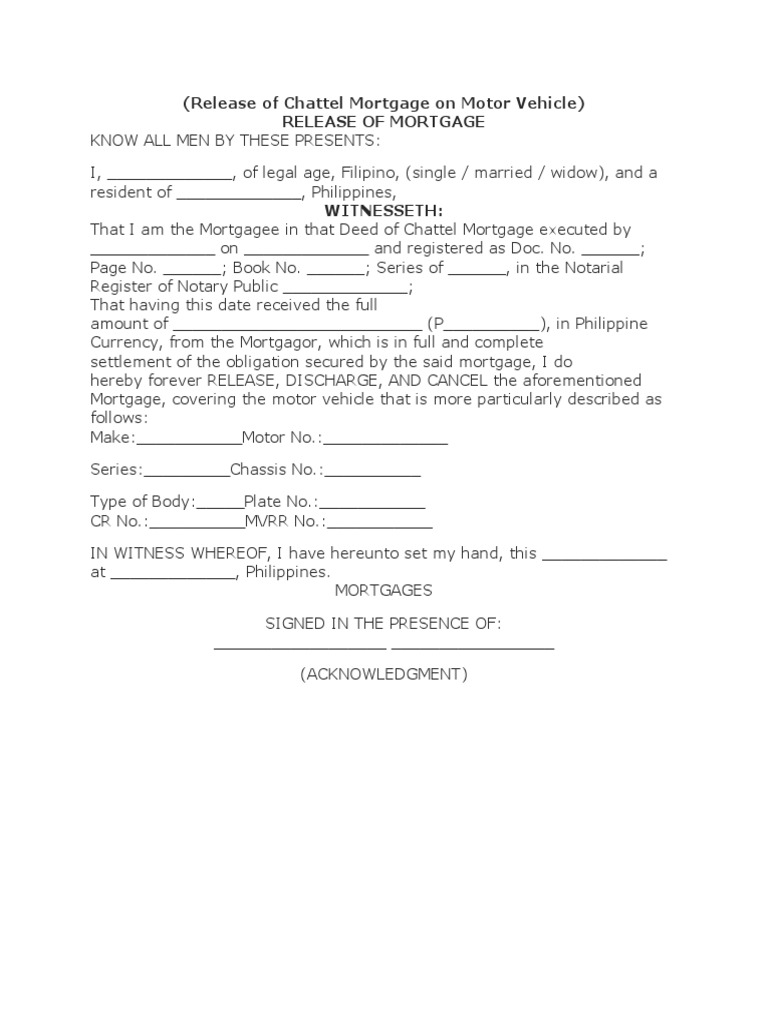 (Release of Chattel Mortgage On Motor Vehicle) Release of Mortgage | PDF