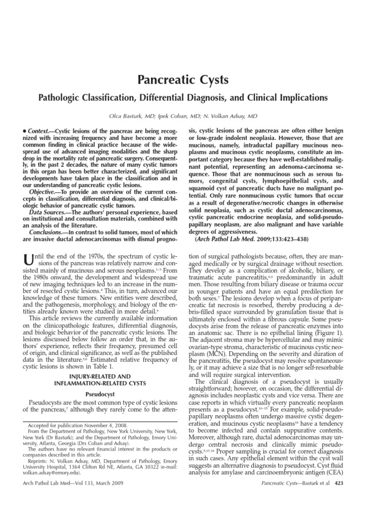 Pancreatic Cysts: Classification & Diagnosis | PDF | Pancreatic Cancer ...