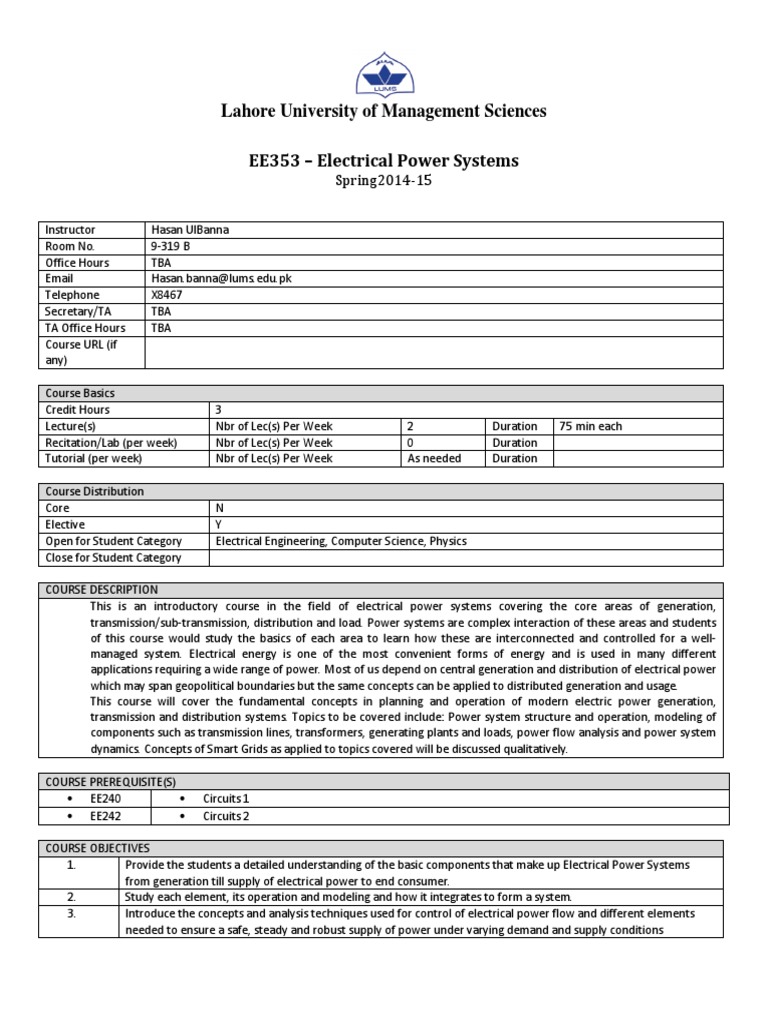 EE353-Electrical Power Systems-Hasan Ul Banna PDF | PDF | Transformer | Ac Power