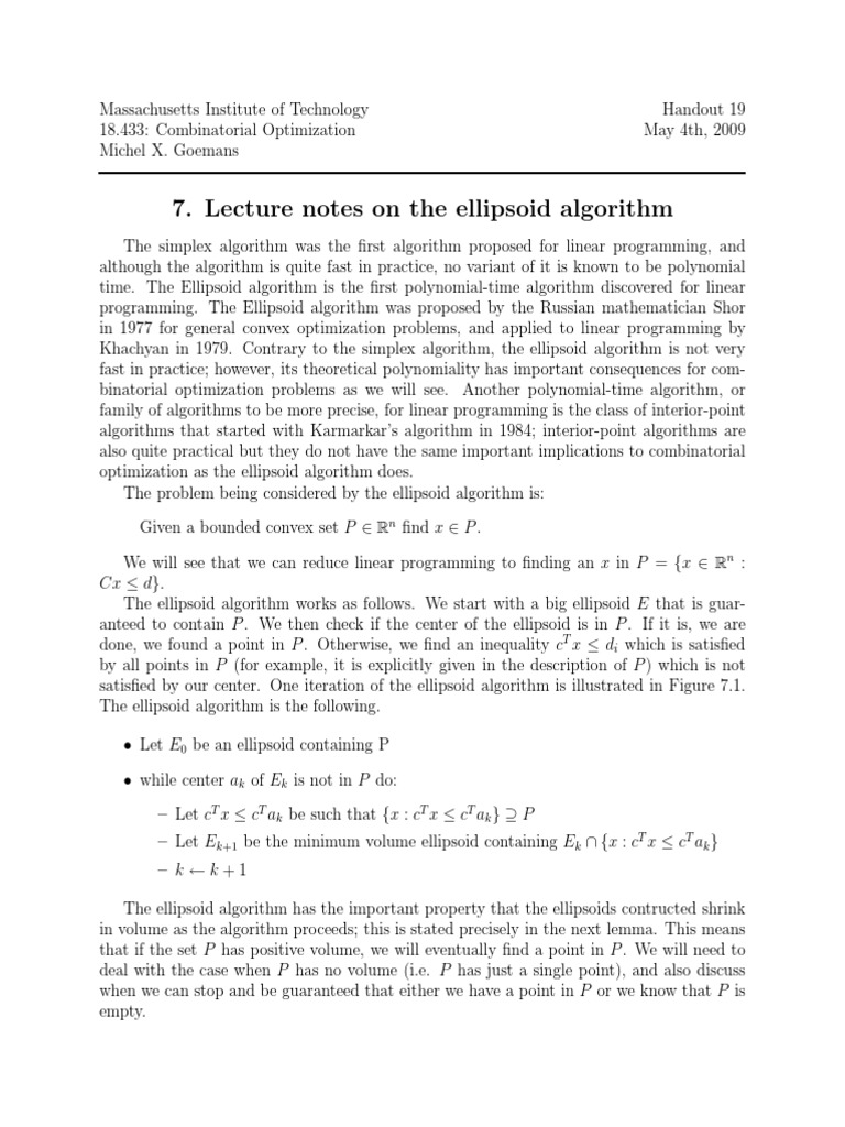 Lecture Notes On The Ellipsoid Algorithm Pdf Linear Programming Theoretical Computer Science