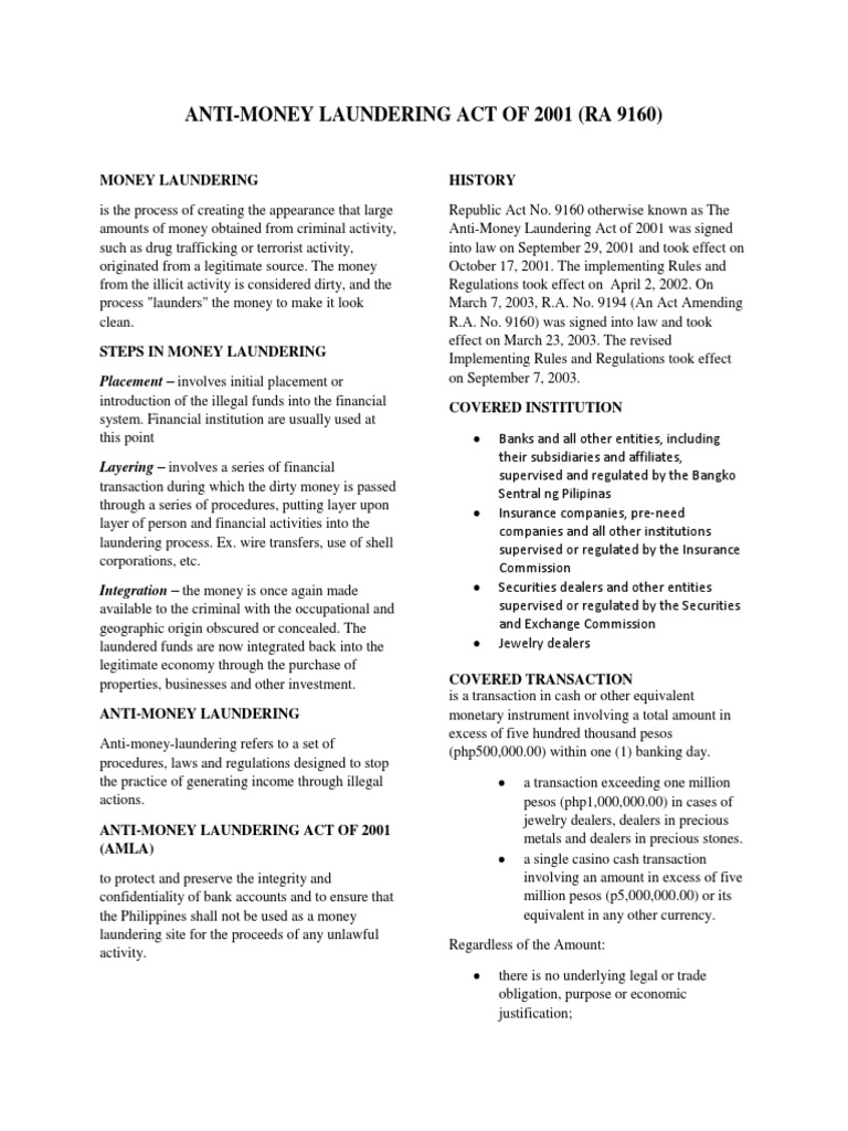 Anti-Money Laundering Act of 2001 (Ra 9160) | PDF | Money Laundering ...