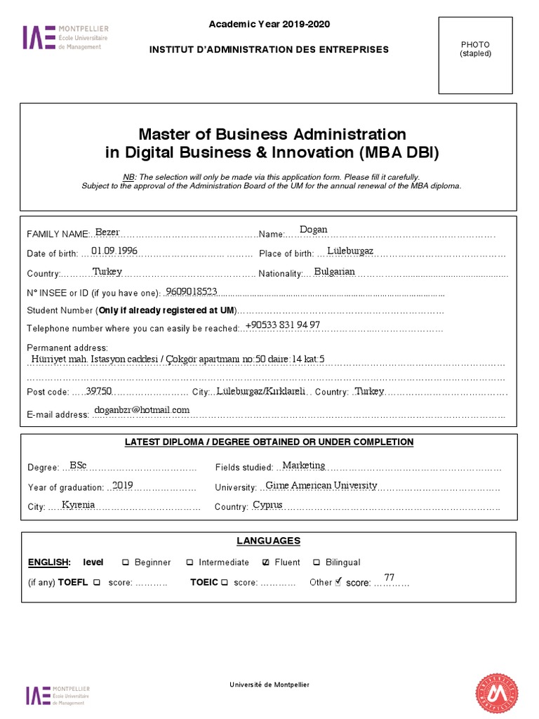 MBA Digital Business Application Form | PDF | Vocational Education ...